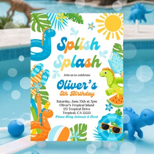 EDITABLE Dinosaur Splish Splash Water Birthday Party Invitation Dino ...