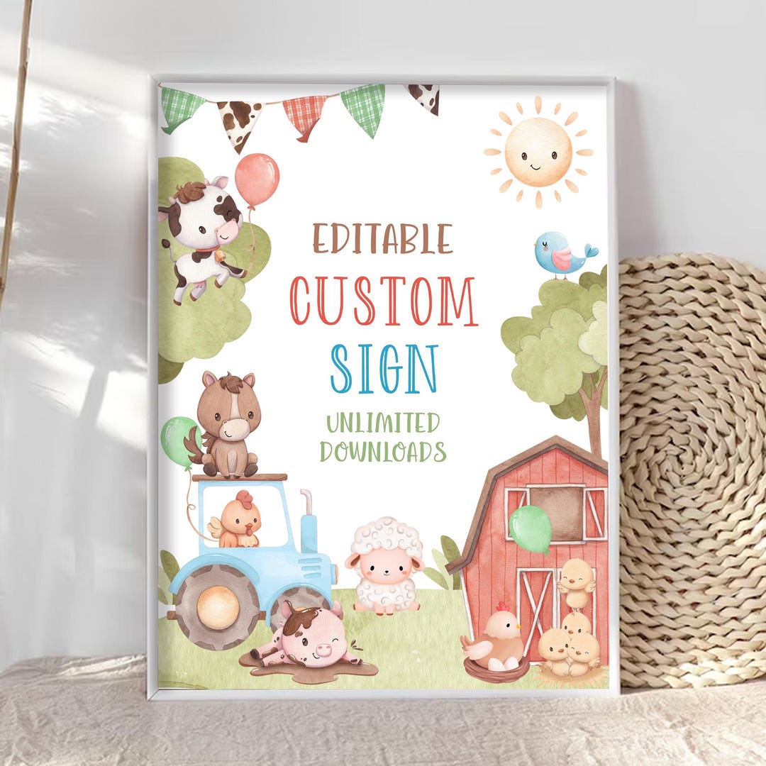 Editable Custom Sign Farm Animals Sign Boy Barnyard Birthday Green ...