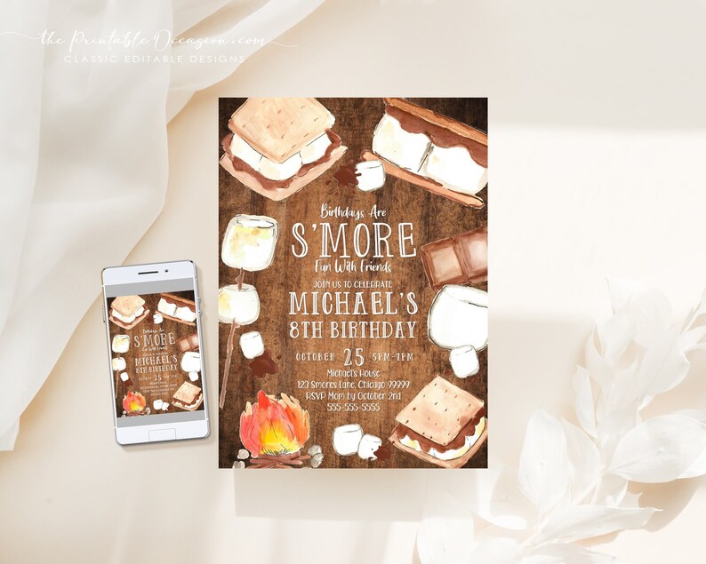 Smores Birthday Invitation Template Rustic Smores Bonfire - Etsy