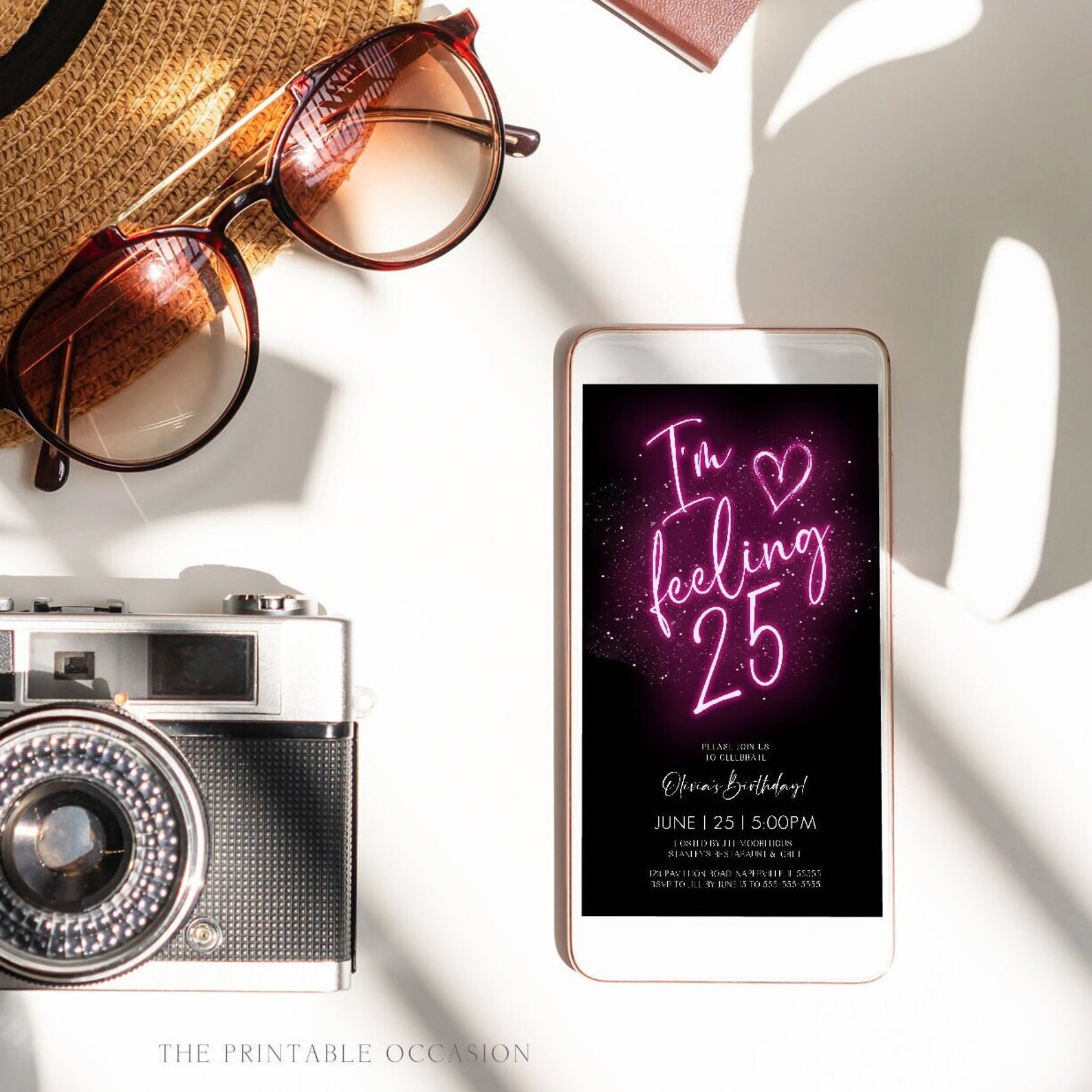 25th Birthday Evite & Printable Invitation Template Pink Neon Digital ...