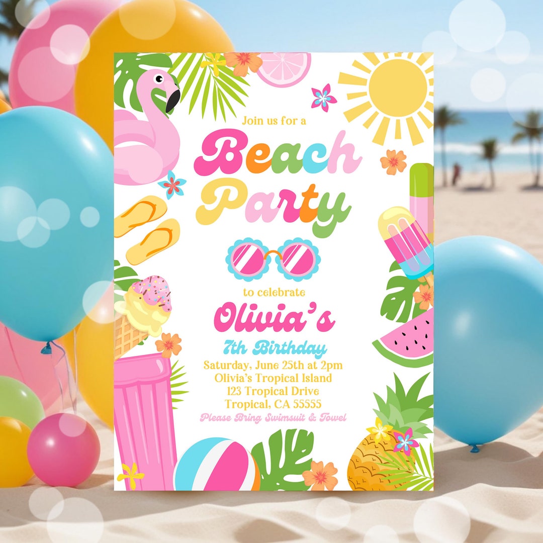 EDITABLE Beach Birthday Party Invitation Tropical Splish Splash Girly ...