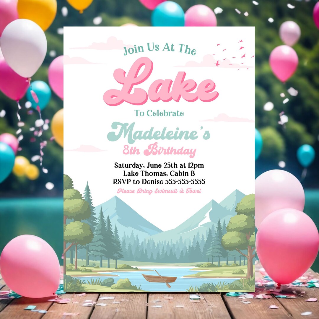 Girl's Lake Birthday Party Invitation Girl's Pink Boat Lake Birthday ...