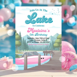 Girl's Lake Birthday Party Invitation Girl's Pink Boat Lake Birthday ...