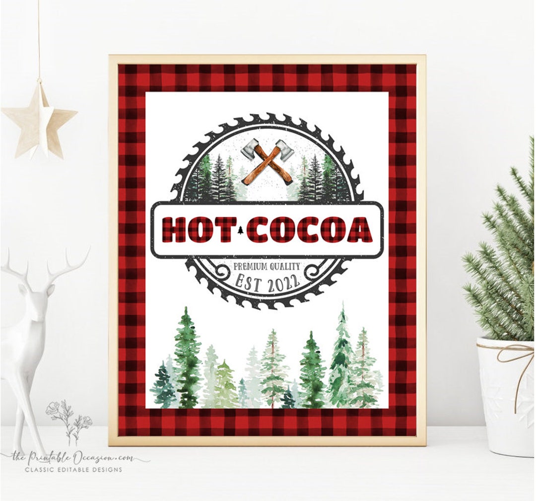 Lumberjack Hot Cocoa Sign Printable Hot Chocolate Table Sign Rustic Pine Trees Buffalo Plaid