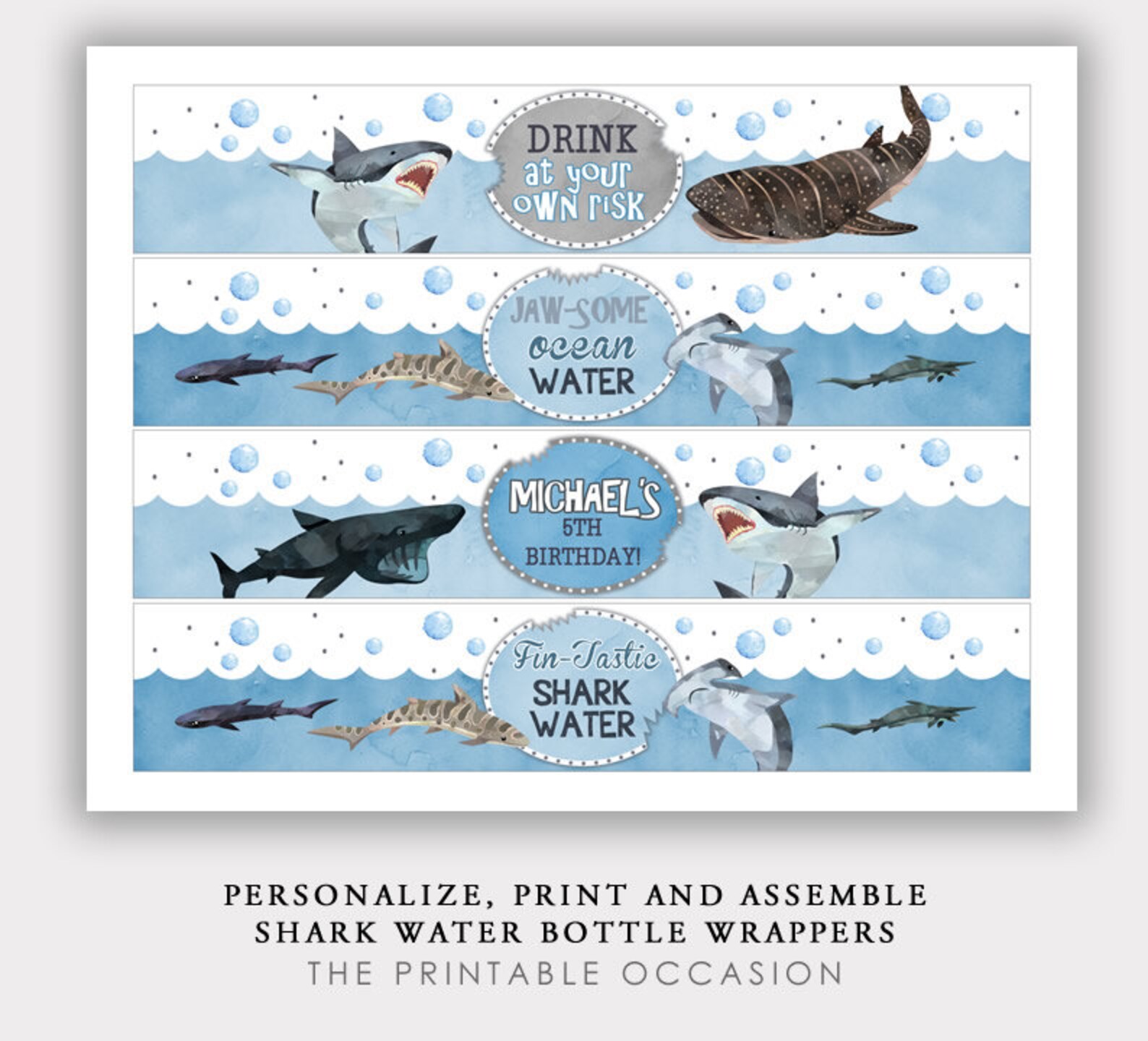 EDITABLE Shark Water Bottle Wrappers Shark Water Bottle Labels - Etsy