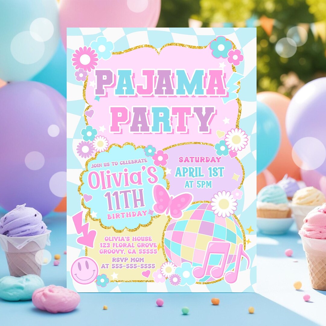 Editable Pajama Birthday Party Invitation Preppy Tween Teen Varsity ...