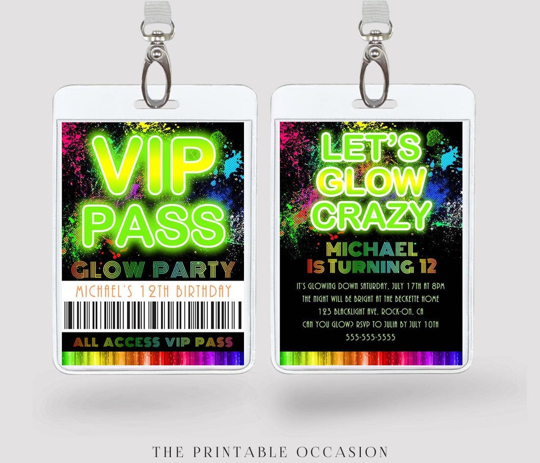 EDITABLE Glow Birthday Party Lanyard VIP Invitation and All Access Pass ...