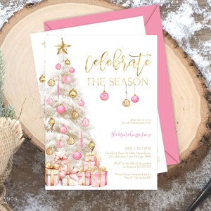 Printable Christmas Party Invitation, Pink and Gold Christmas Invite ...