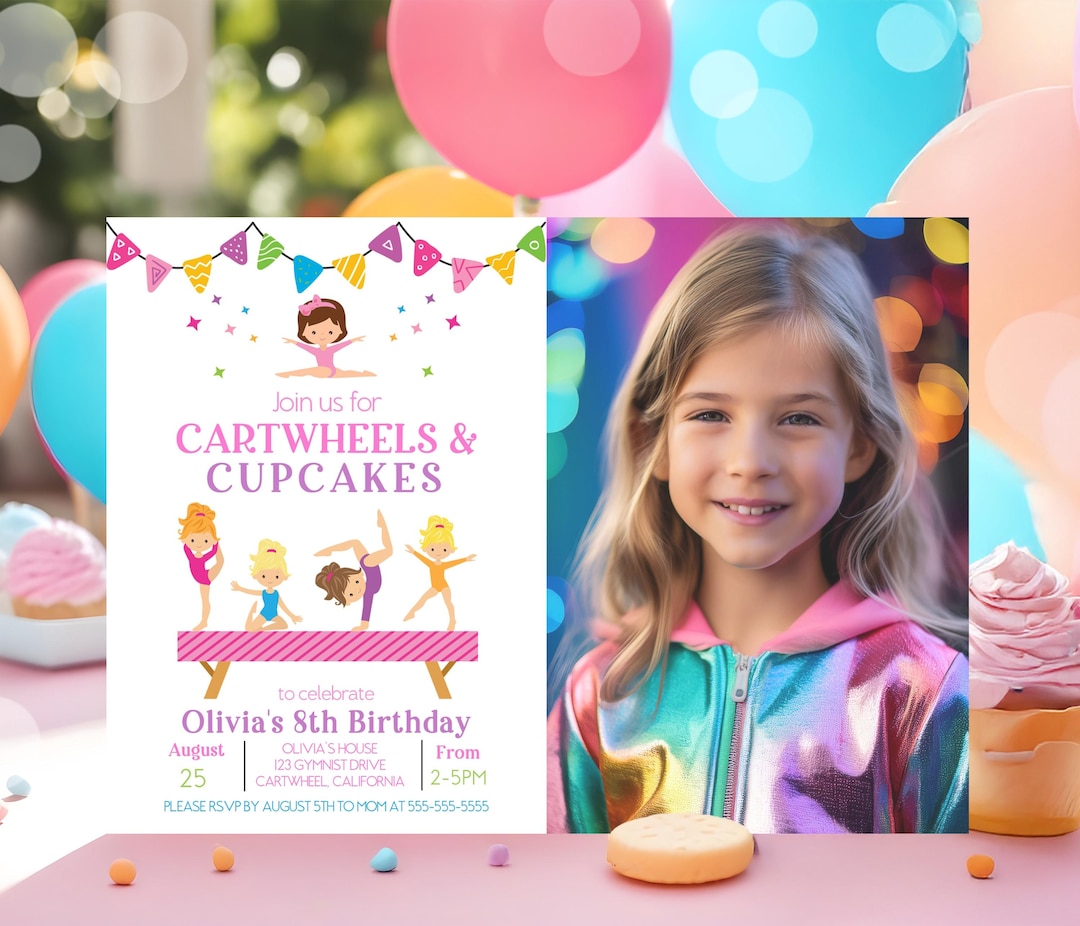 Editable Cartwheels and Cupcakes Birthday Invitation Photo Invite ...