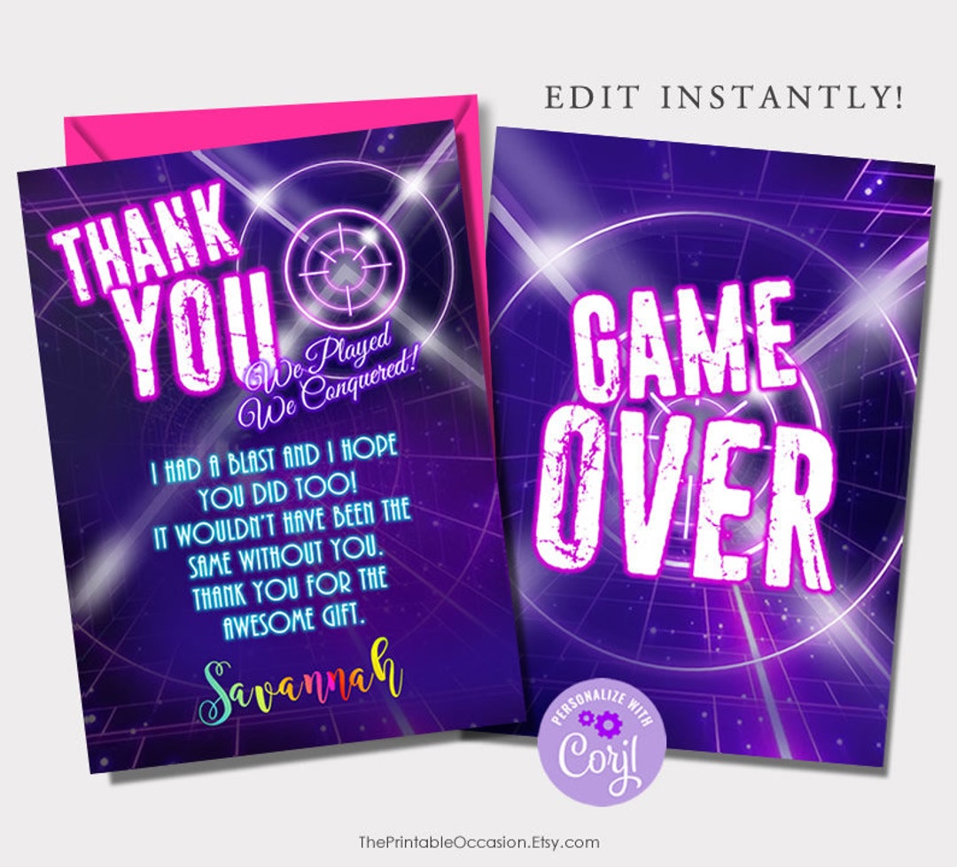 EDITABLE Girl's Laser Tag Thank You Card Editable Laser Tag Birthday ...