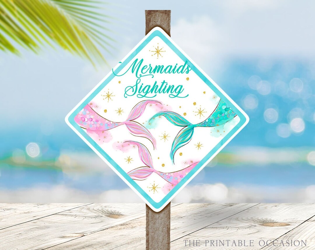 8x8 Printable Mermaid Sign, Pink and Purple Mermaid Sighting Birthday ...