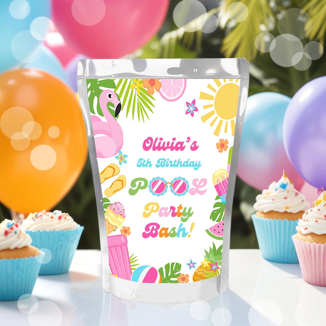 Editable Pool Party Juice Pouch Labels Tropical Splish Splash Girly ...