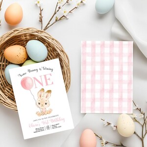 Pink Minimalist Easter Bunny Birthday Invitation Girl Some Bunny ...