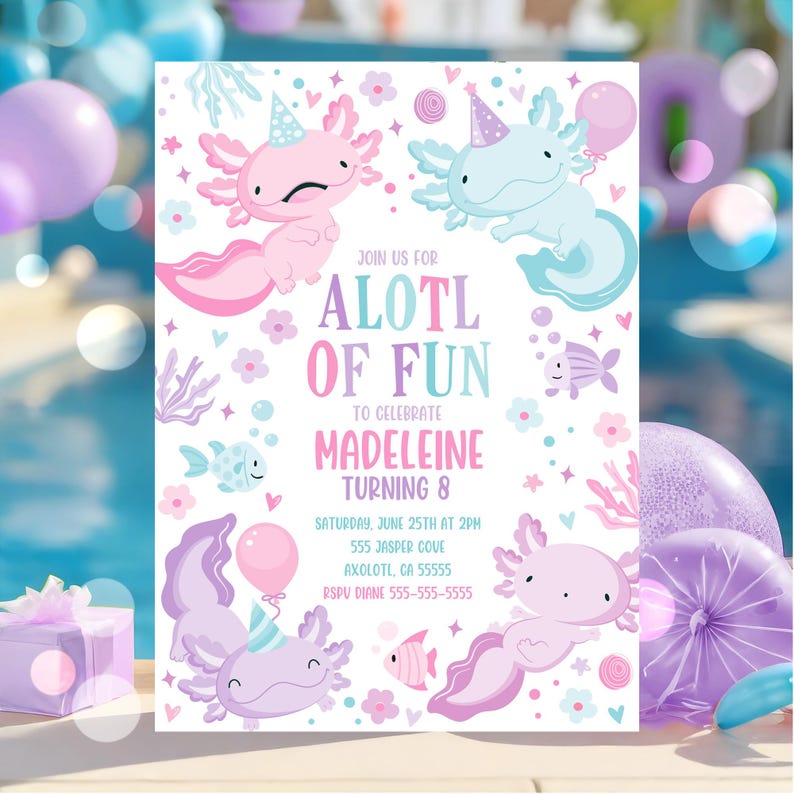 Editable Axolotl Birthday Party Invitation Cute Axolotl Lake Birthday ...