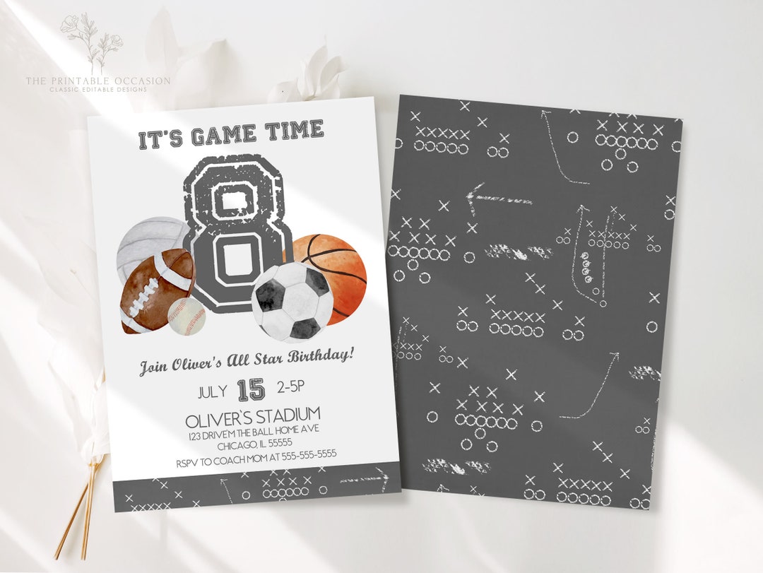 Sports 8th Birthday Party Invitation Template Editable Sports Eighth ...