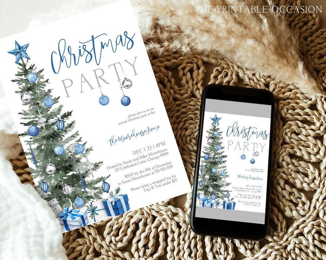 Christmas Party Invitation Template Blue Silver Christmas - Etsy