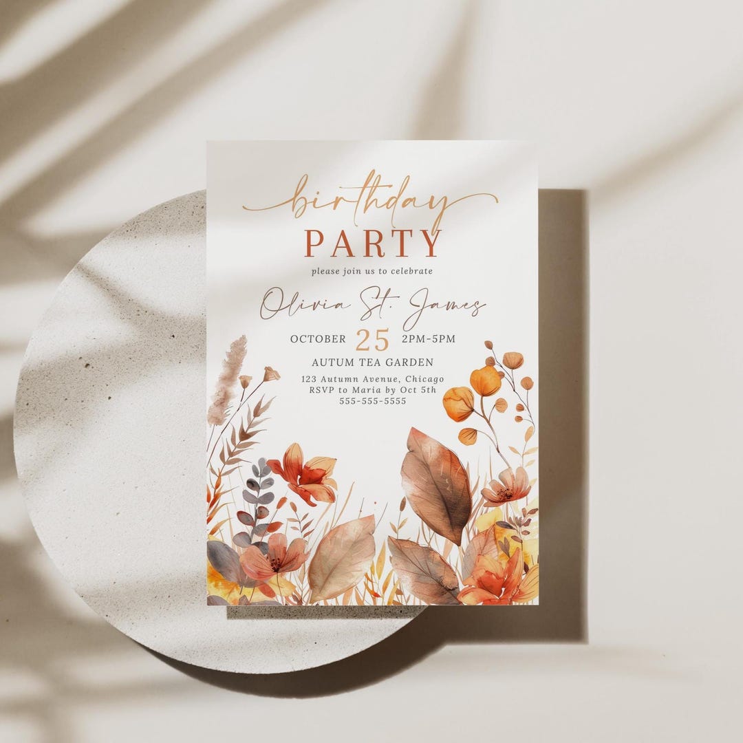 Watercolor Autumn Birthday Invitation Editable Fall Floral Birthday ...
