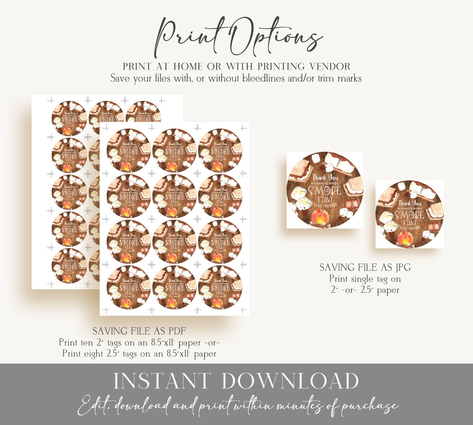 Round Smores Birthday Thank You Tags Template Rustic Smore - Etsy