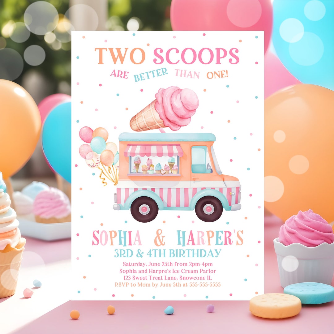 Editable Ice Cream Truck Twin Birthday Invitation Twin Ice Cream