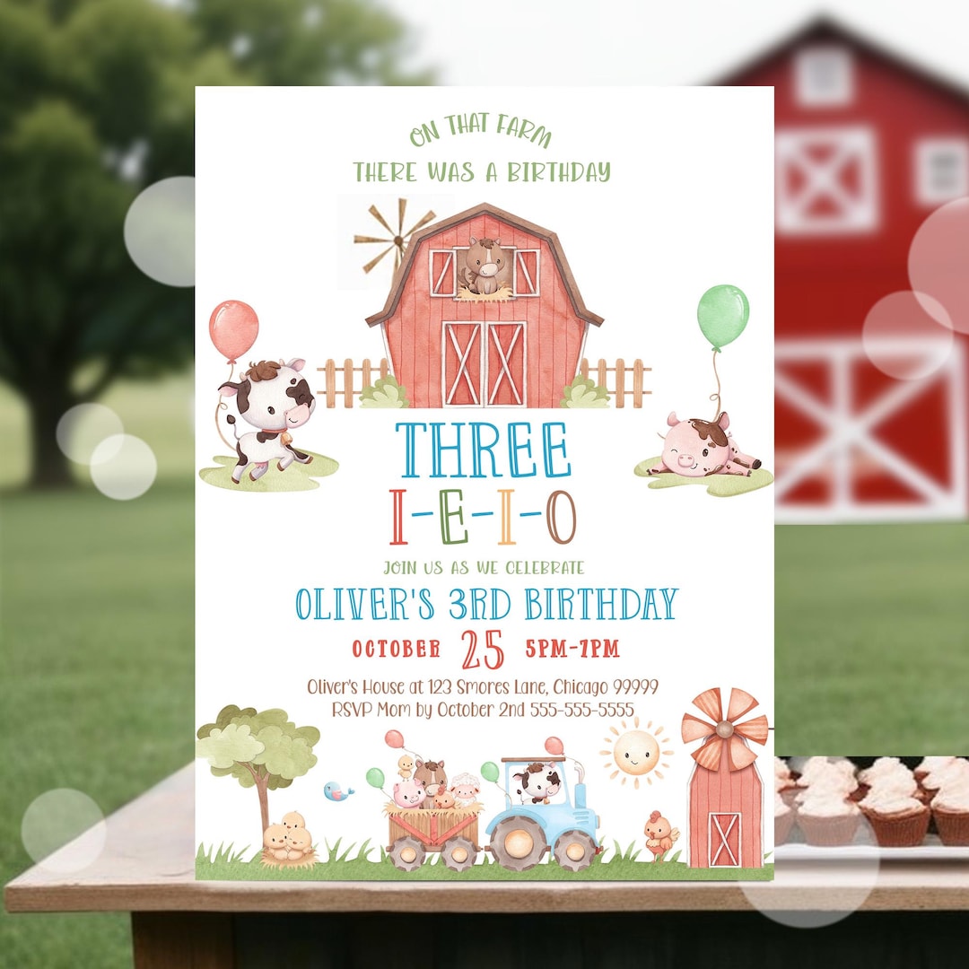 Editable Farm Birthday Invitation Three-i-e-i-o Farm Invite 3rd ...
