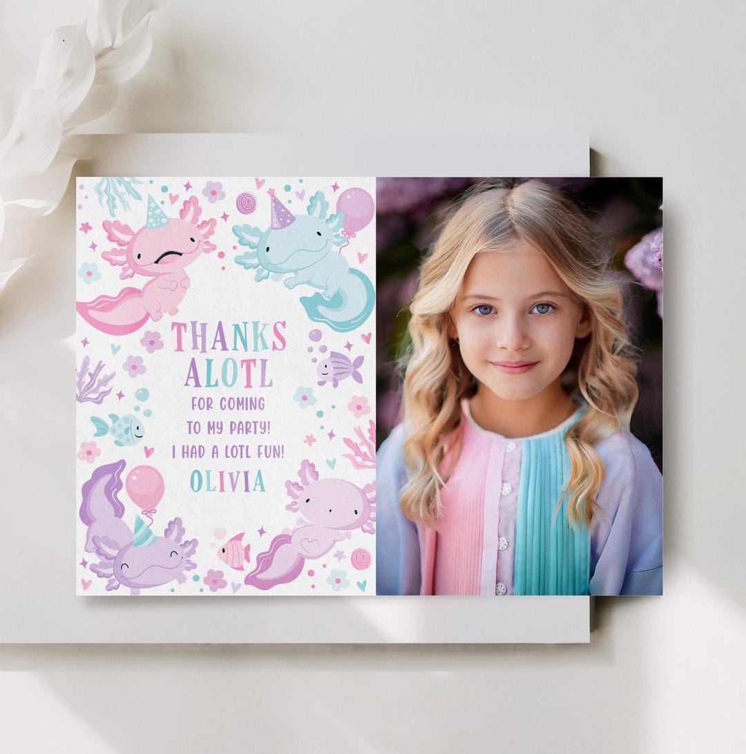 Editable Axolotl Thank You Card Axolotl Birthday Party Thank You Cute ...