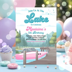 Girl's Lake Birthday Party Invitation Girl's Pink Boat Lake Birthday ...