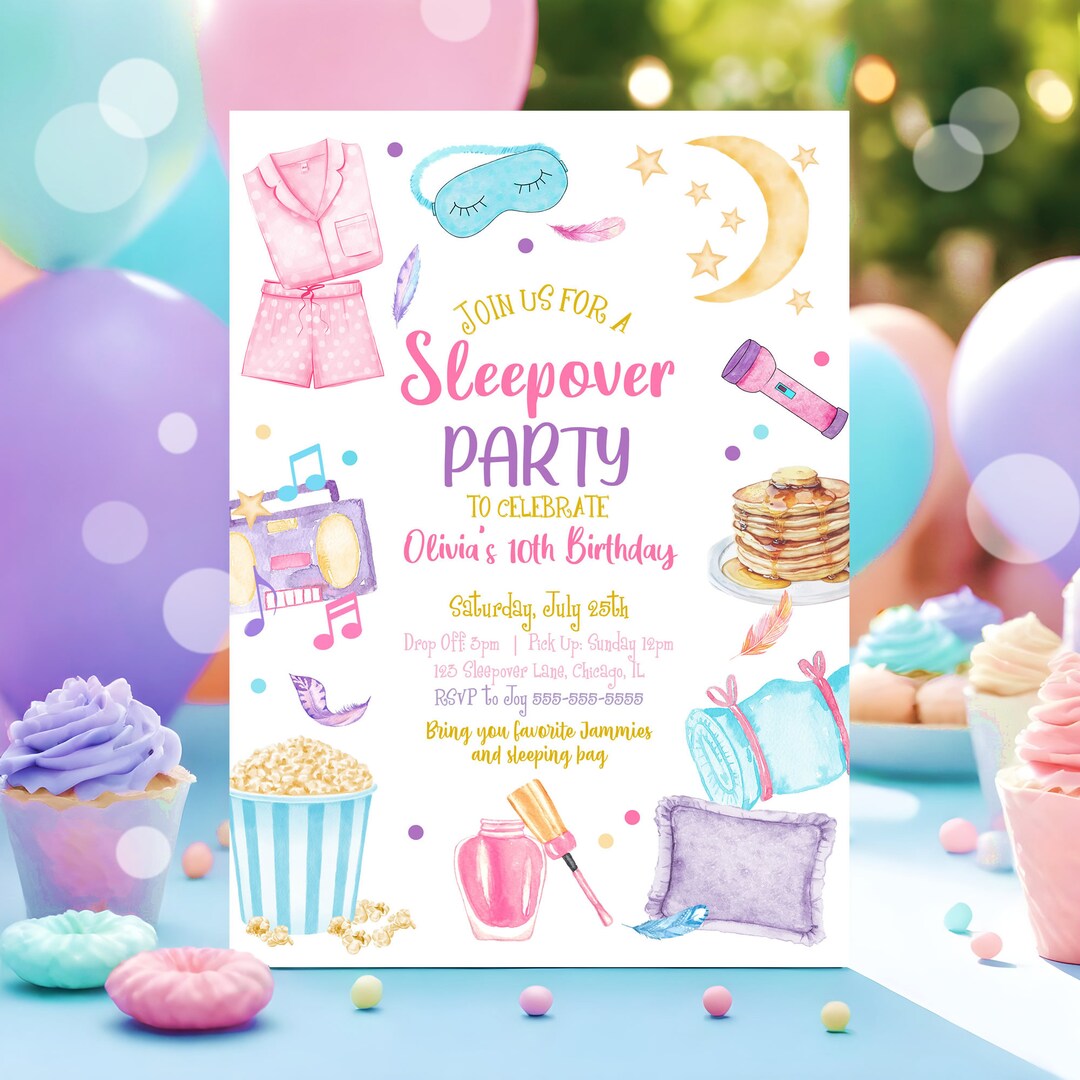 Popcorn and Pancakes Sleepover Birthday Invitation Editable Movie Night ...