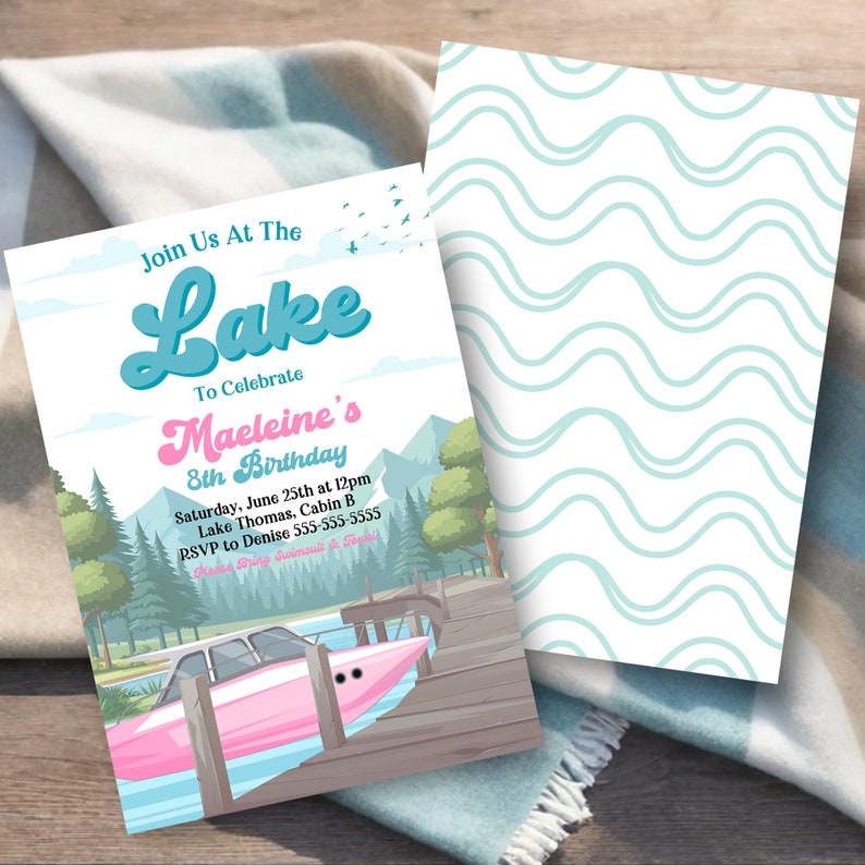 Girl's Lake Birthday Party Invitation Girl's Pink Boat Lake Birthday ...