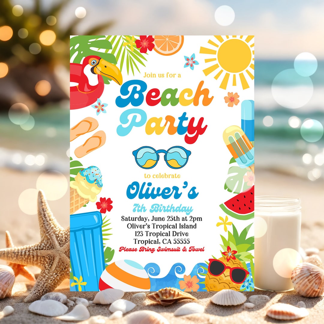EDITABLE Beach Birthday Party Invitation Tropical Splish Splash Boy's ...