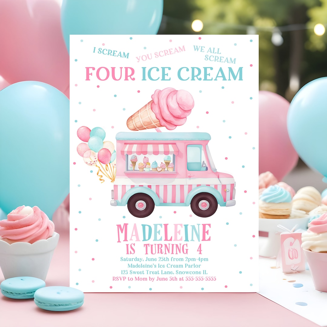 4th Birthday Ice Cream Truck Birthday Invitation Canva Template Girl I ...