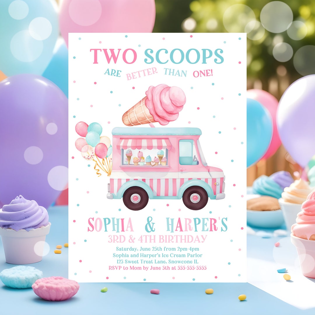 Editable Ice Cream Truck Twin Birthday Invitation Twin Ice Cream