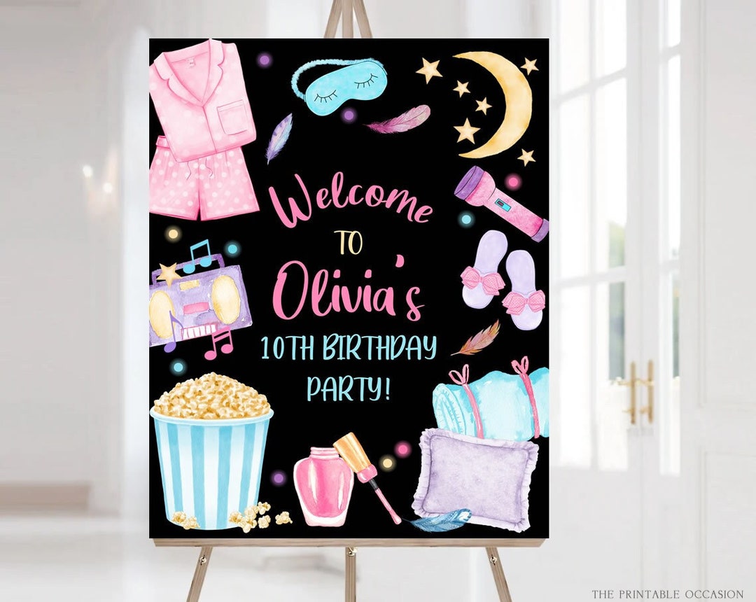 Editable Sleepover Birthday Welcome Sign Slumber Party Poster Pajamas ...