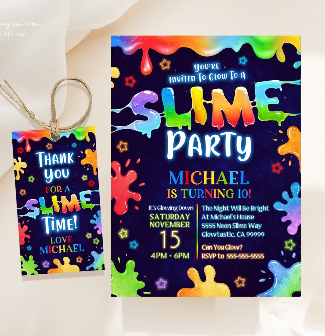 Editable Slime Invitation Glow Slime Party Invitation Template Slime ...