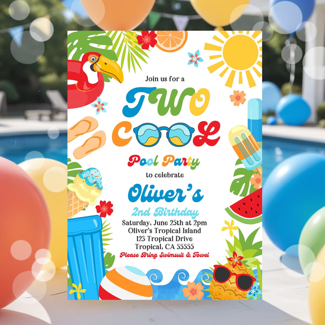 EDITABLE Two Cool Birthday Party Invitation Tropical Splish Splash ...