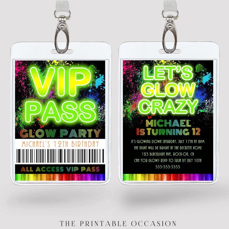 EDITABLE Glow Birthday Party Lanyard VIP Invitation and All Access Pass ...