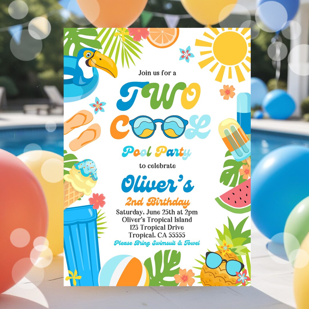 EDITABLE Two Cool Birthday Party Invitation Tropical Splish Splash ...