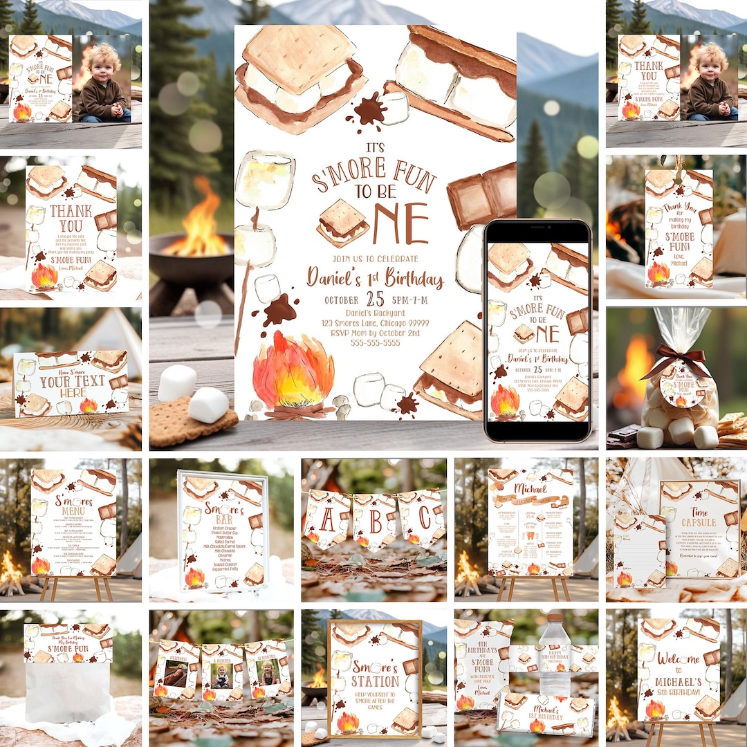 First Birthday Smores Invitation Bundle Printable Smores Birthday Party ...
