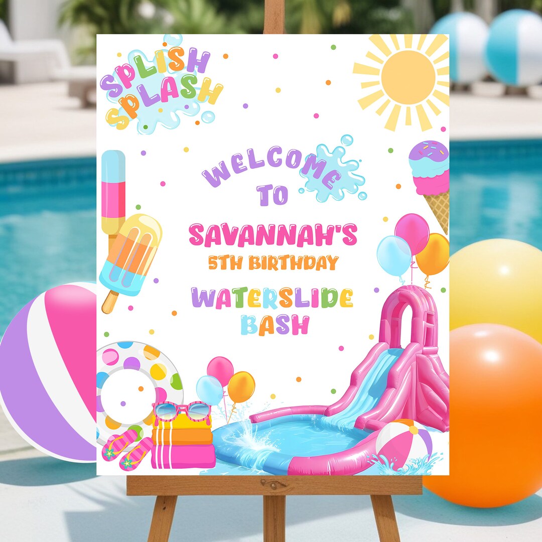 Editable Water Slide Birthday Welcome Sign Pink Pool Party Welcome Sign ...