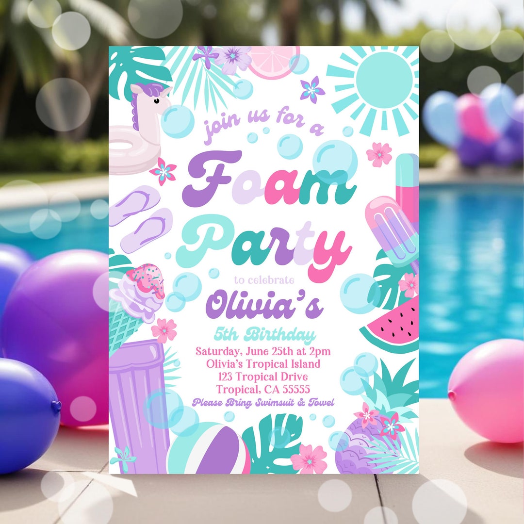 EDITABLE Foam Birthday Party Invitation Tropical Pool Foam Girly Pool ...