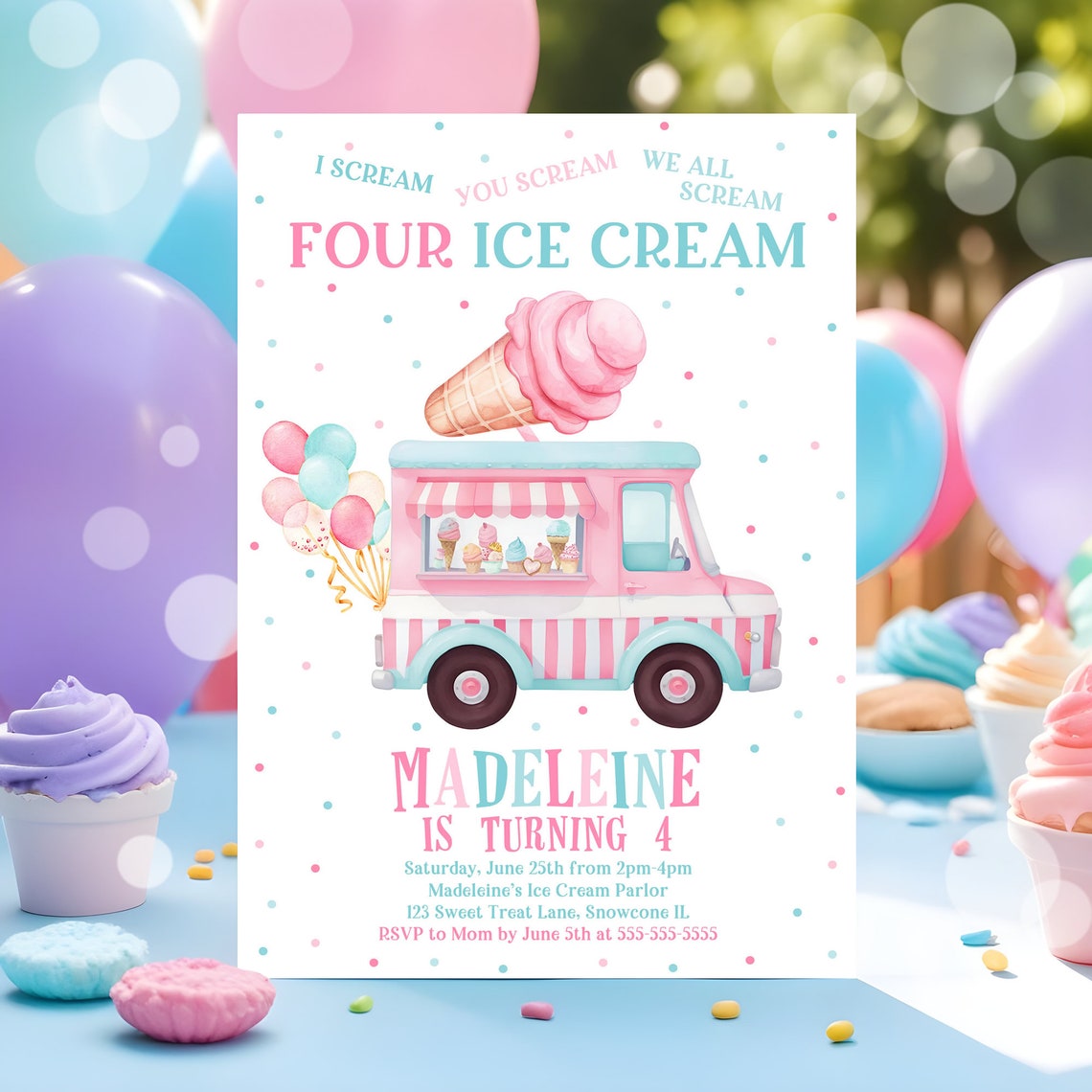 4th Birthday Ice Cream Truck Birthday Invitation Canva Template ...