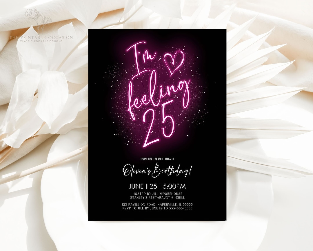 25th Birthday Evite & Printable Invitation Template Pink Neon Digital ...