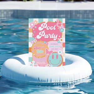 Editable Checkered Smiley Face Pool Party Birthday Invite Groovy Retro ...