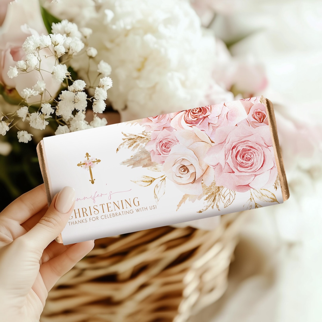 Boho Christening Chocolate Bar Wrapper Editable Baptism Candy Label ...