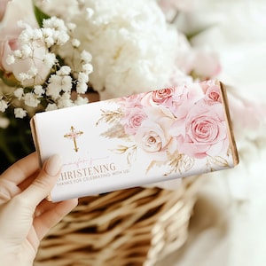Boho Christening Chocolate Bar Wrapper Editable Baptism Candy Label ...