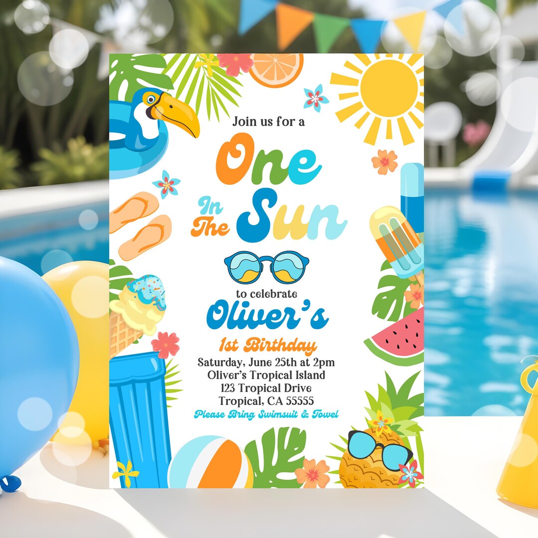 Editable One in the Sun 1st Birthday Party Invitation Tropical Summer ...