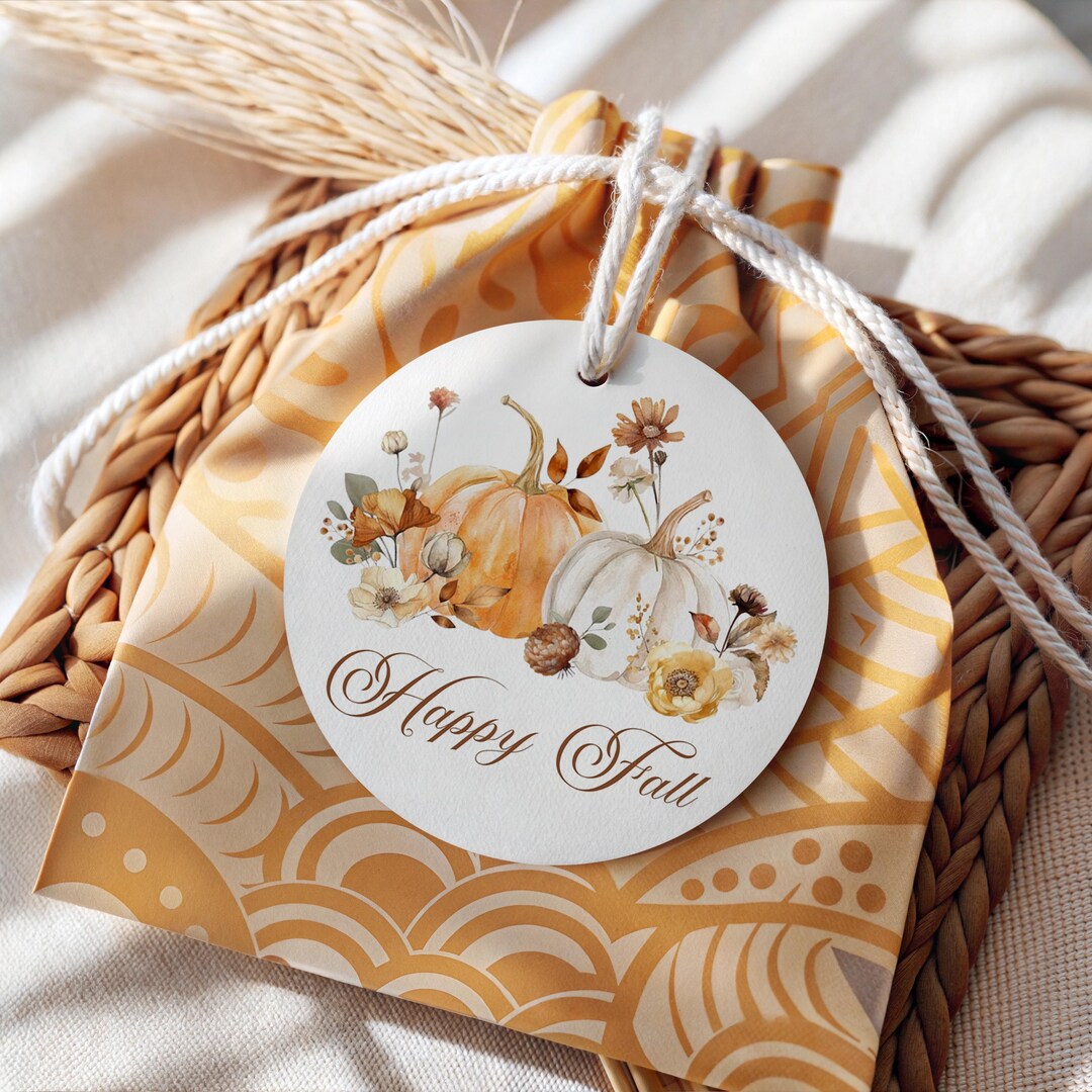 Editable Happy Fall Gift Tag Floral and Pumpkin Autumn Treat Tag ...