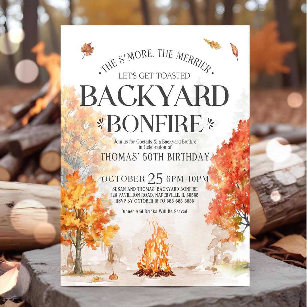 EDITABLE Autumn Birthday Invitation Template Fall Bonfire Party Invitation Backyard Bonfire ...