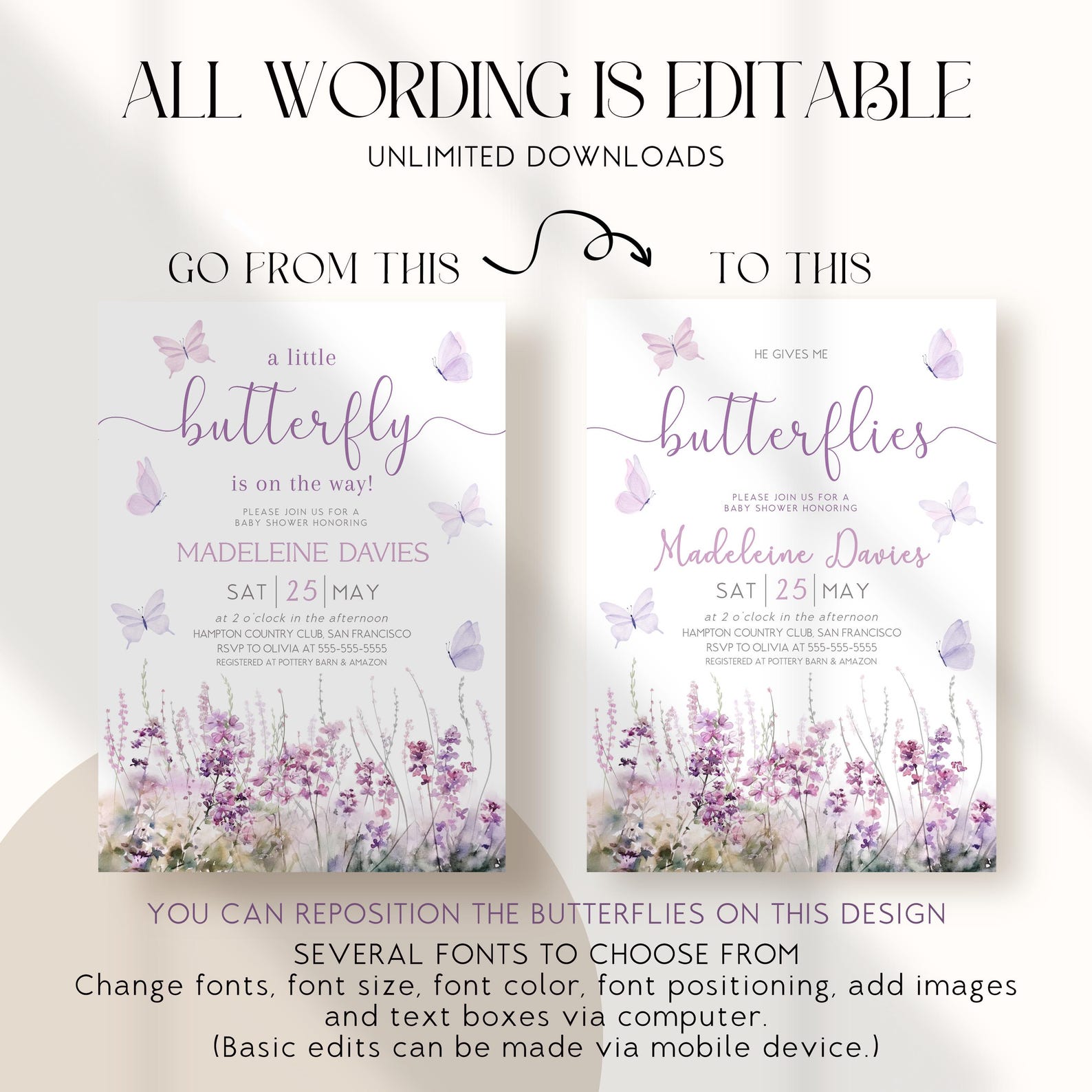 Lavender Baby Shower Invitation Purple Floral Butterfly Baby Shower ...