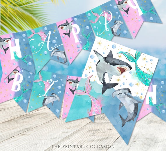 EDITABLE Shark and Mermaid Birthday Banner, Printable Sharks and ...