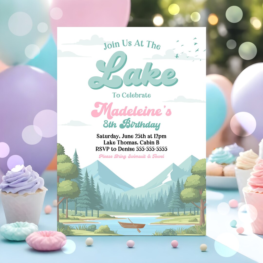 Girl's Lake Birthday Party Invitation Template Pink Boat Lake Birthday ...